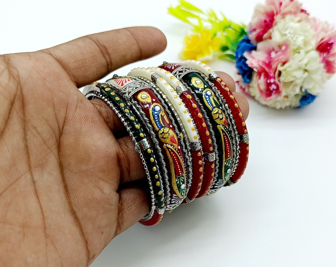 6 Bangles Set - Hand Painted Peacock Bangles - Wedding Bridal Bangles - Gift for Mom - Meenakari ...