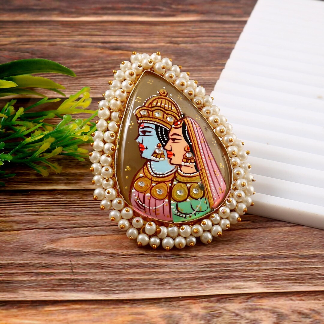 Traditional Hand Painted Couple Ring 22kt Gold Plated Gemstone Ring ...