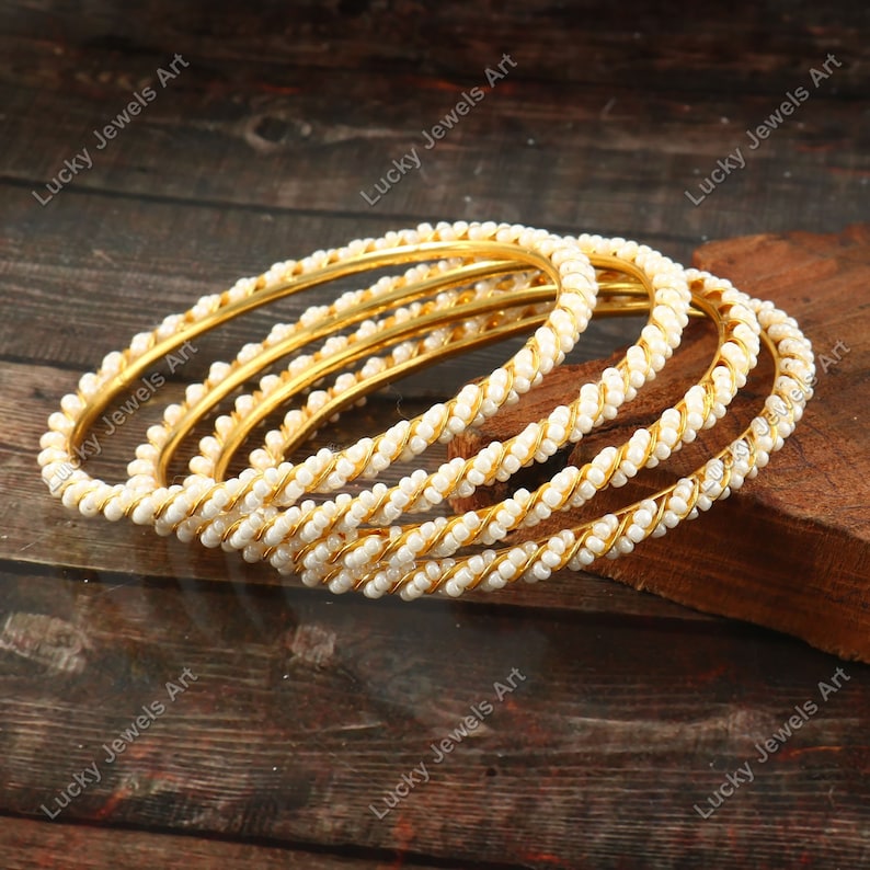 1 Pair 22kt Gold Plated White Stone Beaded Bangles - Wire Wrapped Gold ...