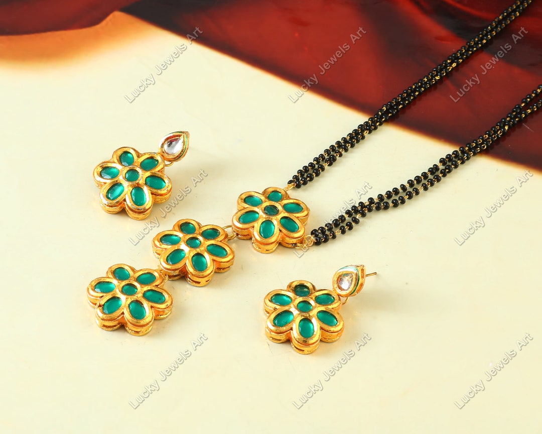 Gold Plated Pink & Green Stone Mangalsutra - Traditional Black Beaded ...