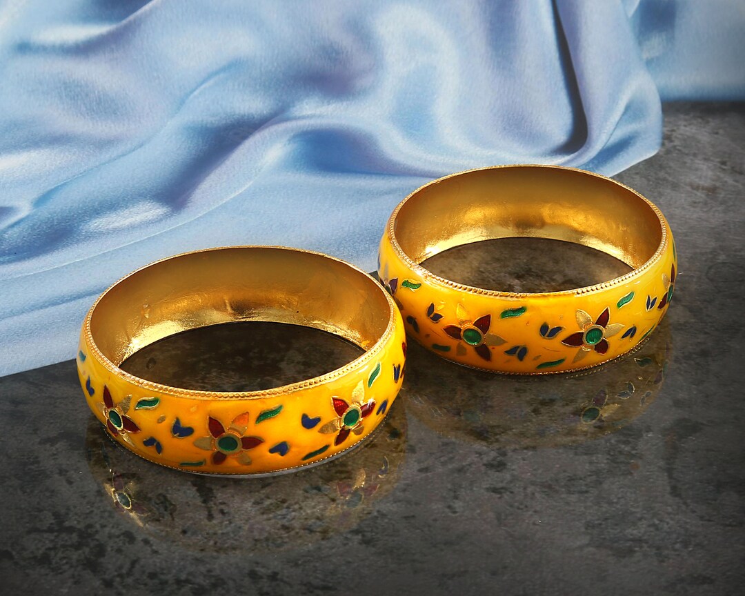 Hand Painted Multi Enameled Flower Bangles Designer Handmade Yellow ...