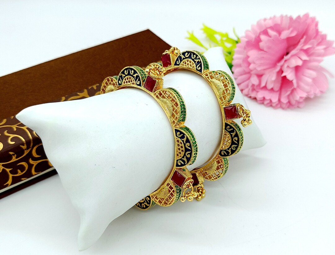 1 Pair Hand Painted Multi Enameled Bangles Gold Plated Pink Stone Bangles Designer Meenakari ...