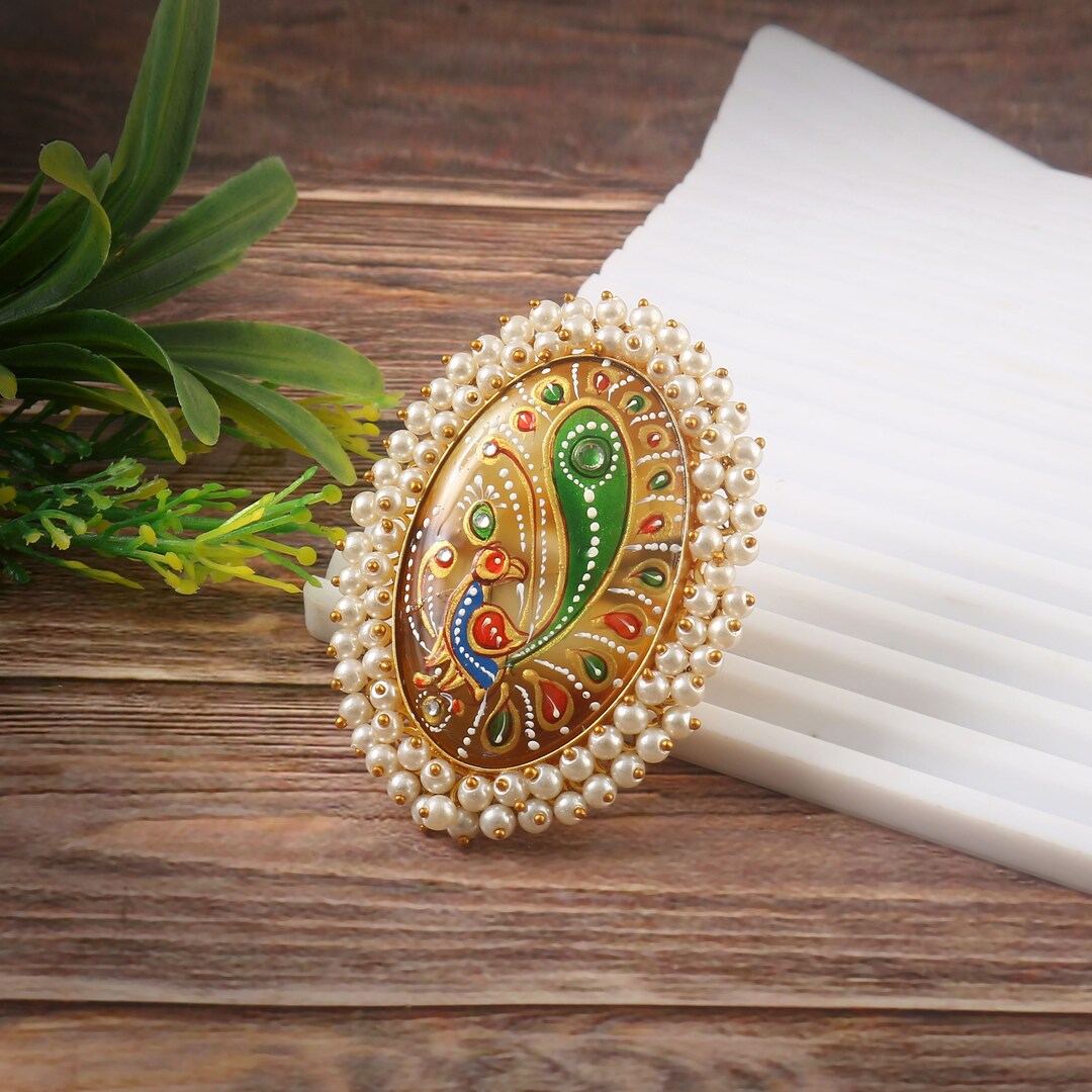 Tanjore Paint Peacock Ring Traditional Hand Painted Ring 22kt Gold ...