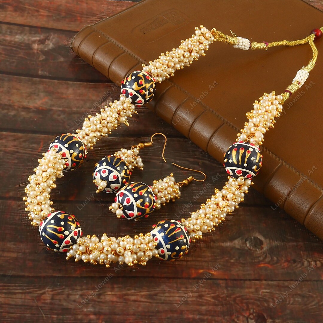 Gold Plated Pearl Cluster Necklace Set - Hand Painted Beaded Necklace ...