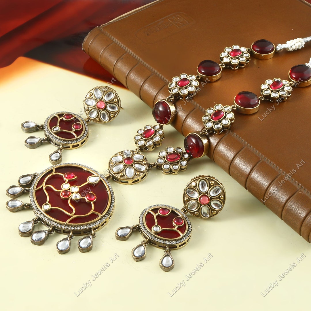Antiquated Maroon Gemstone Necklace Set Adjustable Cubic Zircon ...