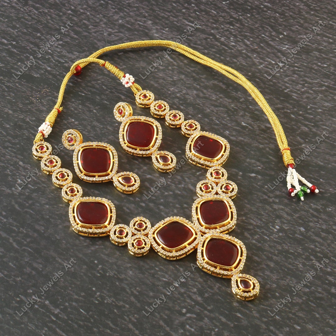 22kt Gold Plated Maroon Gemstone Necklace Set Adjustable Cubic Zircon ...