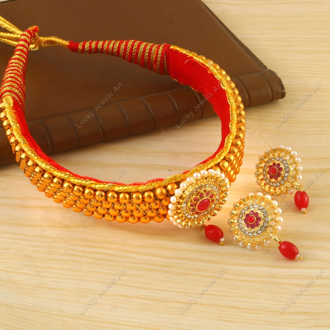 Gold Plated Kolhapuri Thushi Necklace - Cubic Zircon Thussi Necklace ...