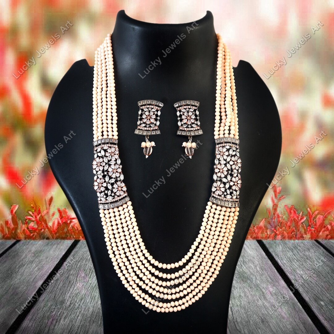 Beaded Polki Diamond Necklace Set: Indian Bridal Rani Haar With ...