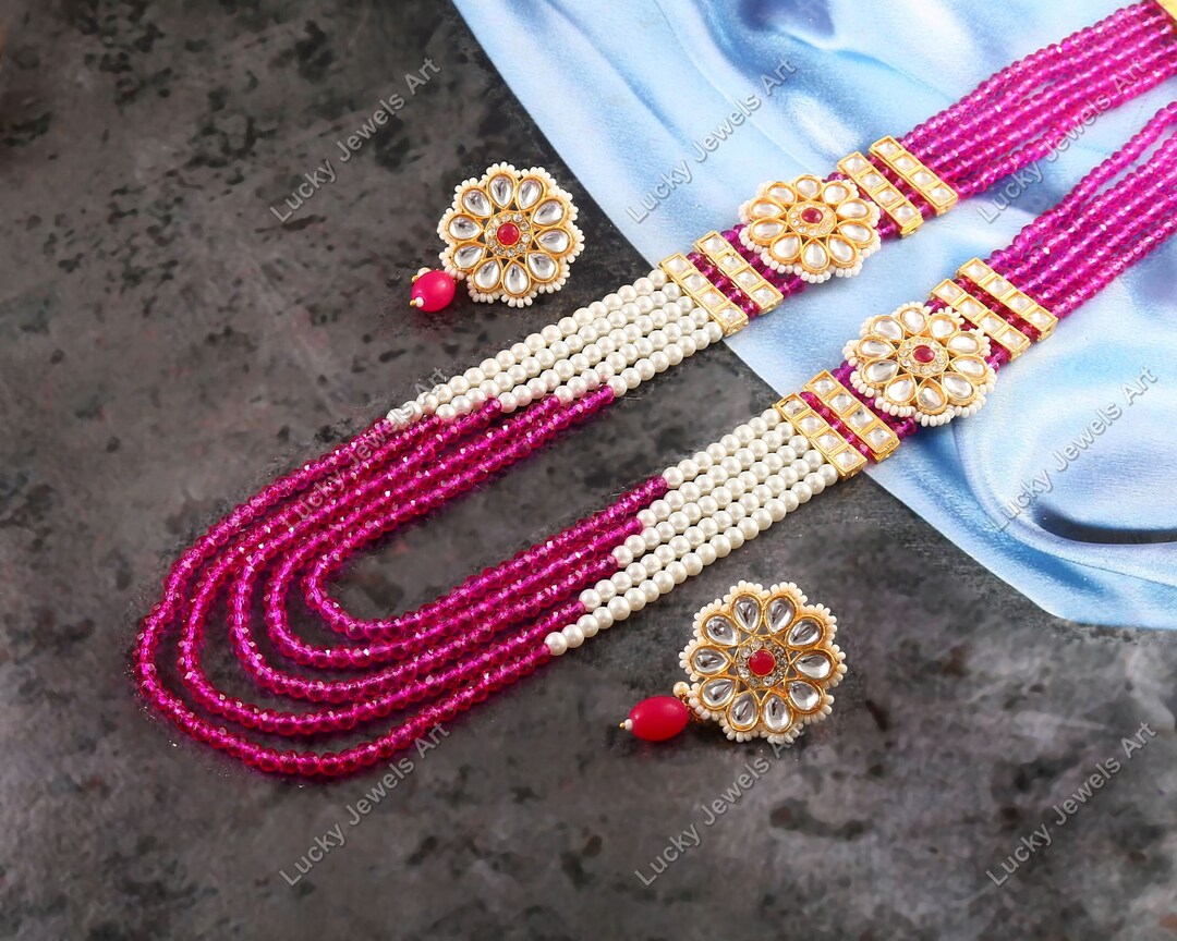 Jodha Akbar Hot Pink Beaded Necklace Set Kundan Flower Rani Haar Long ...