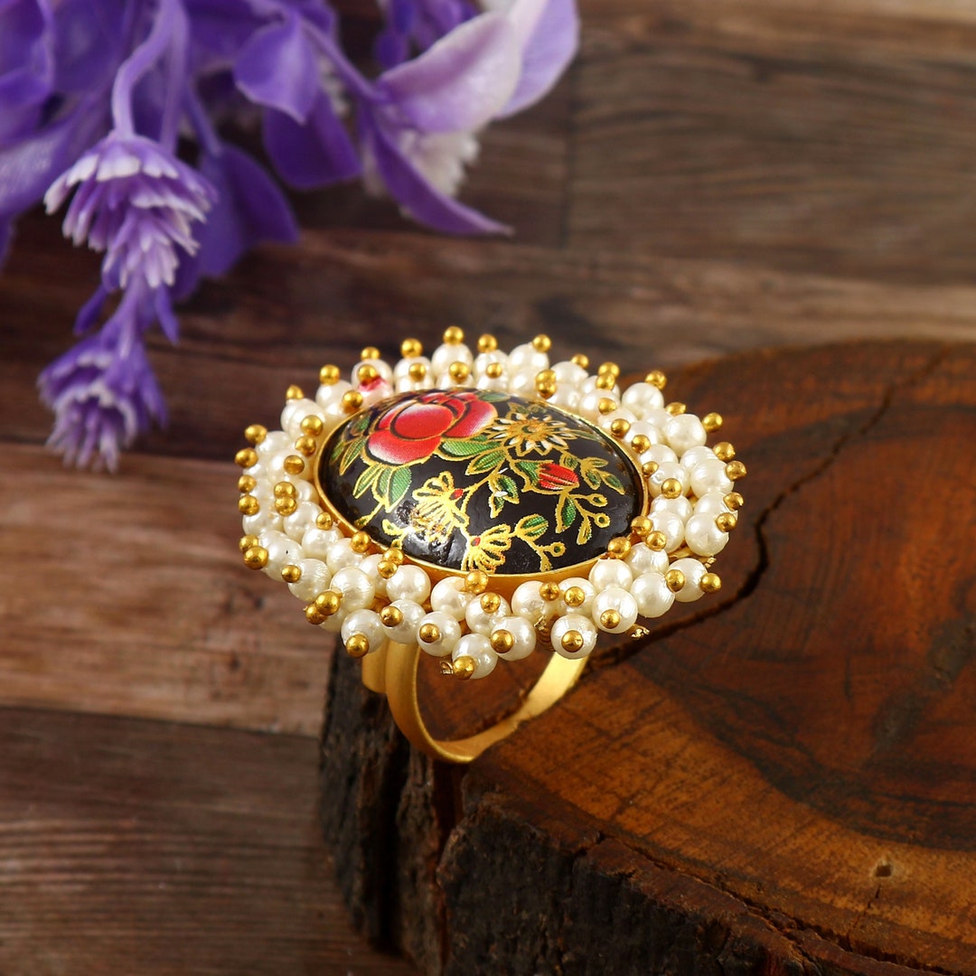 Traditional Hand Painted Ring Matte Gold Plated Gemstone - Etsy