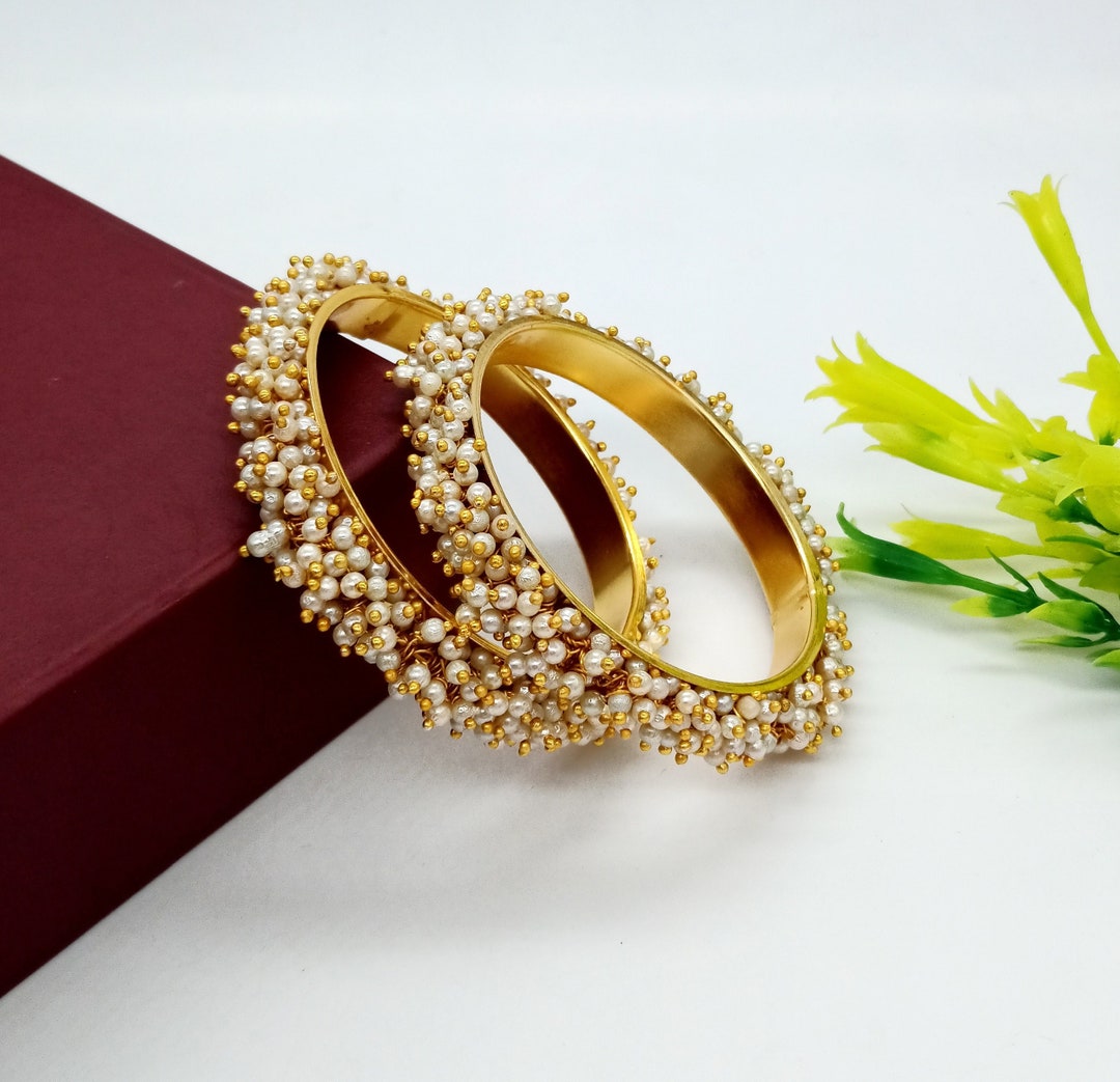 Gold Plated Pearl Bangles: Indian Bridal Kada Jewelry Set, Traditional ...