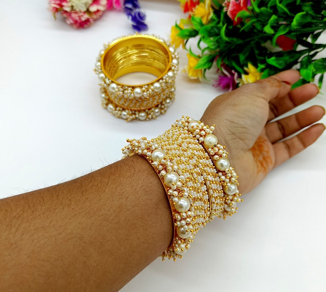 28 Bangles Set Gold Plated Pearl Cluster Chura Set Wedding - Etsy