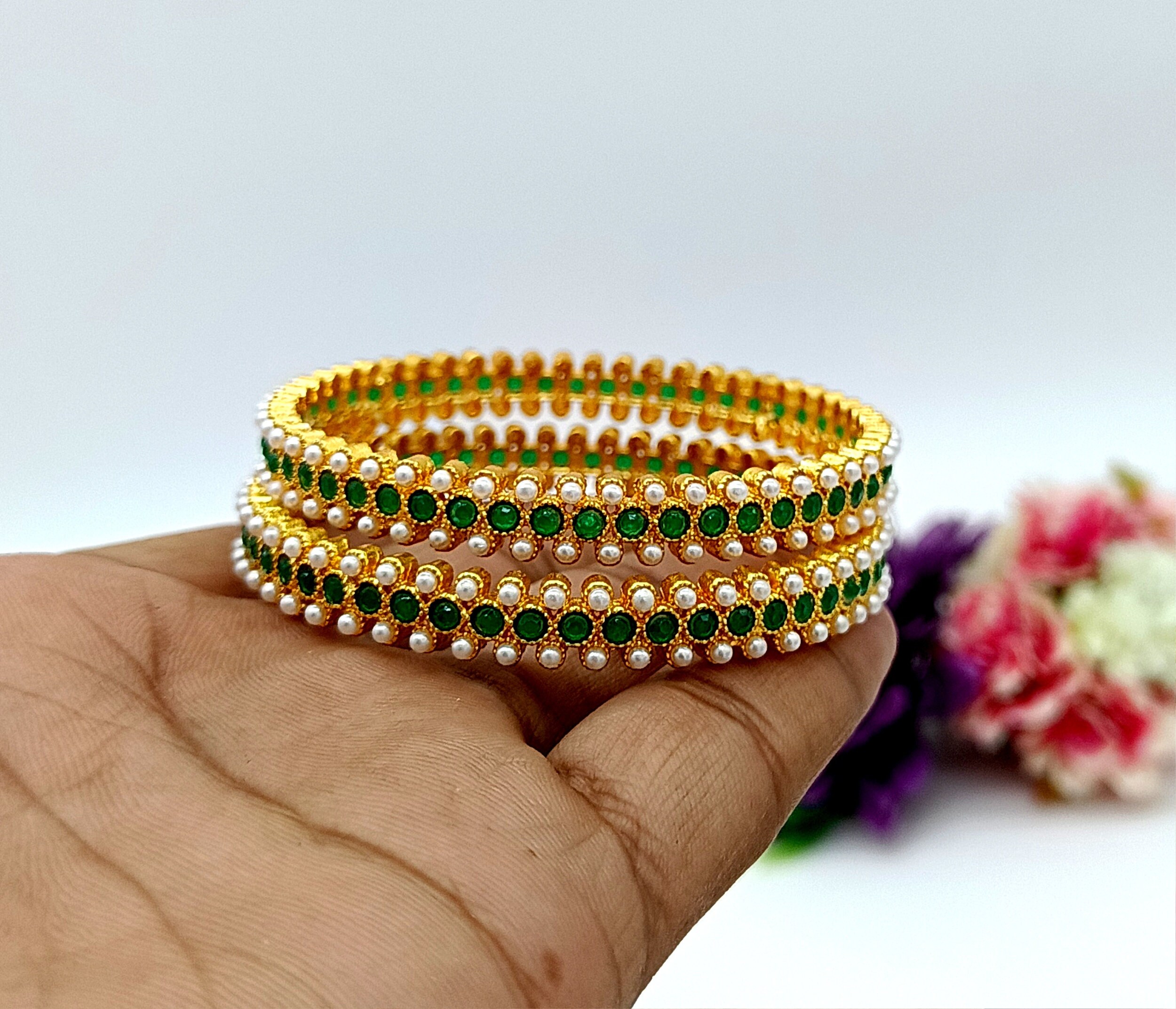 1 Pair Gold Plated Green Stone Bangles wedding Bridal Jewelry - Etsy