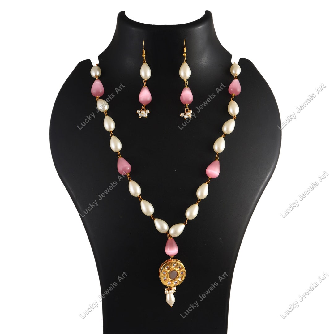 12 Long Pink Monalisa Gemstone Necklace Kundan Pendant Neck Piece Bridesmaid Shall Pearl ...