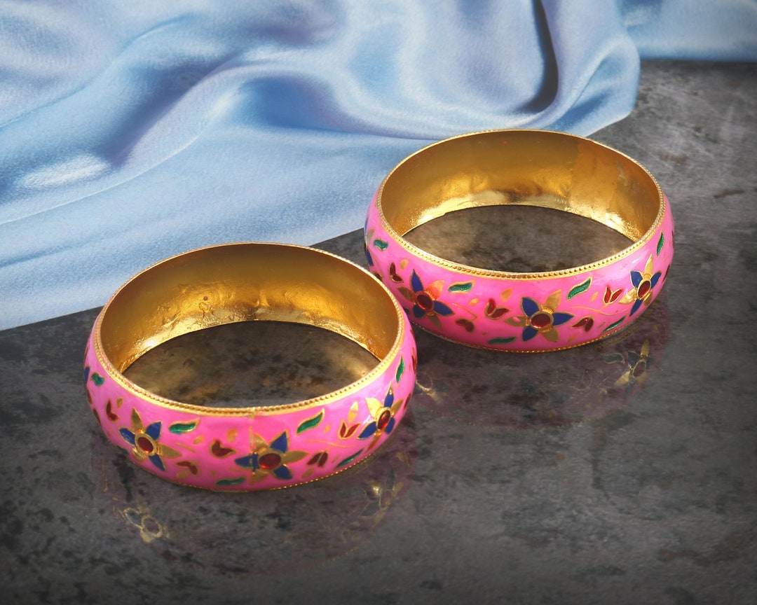Hand Painted Multi Enameled Flower Bangles - Designer Handmade Pink ...