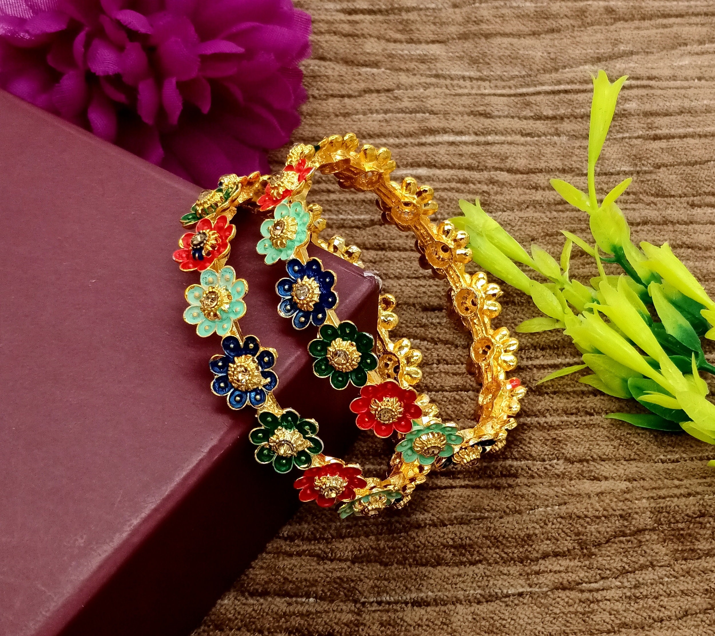 Hand Painted Multi Color Flower Bangles Gold Plated Zircon | Etsy