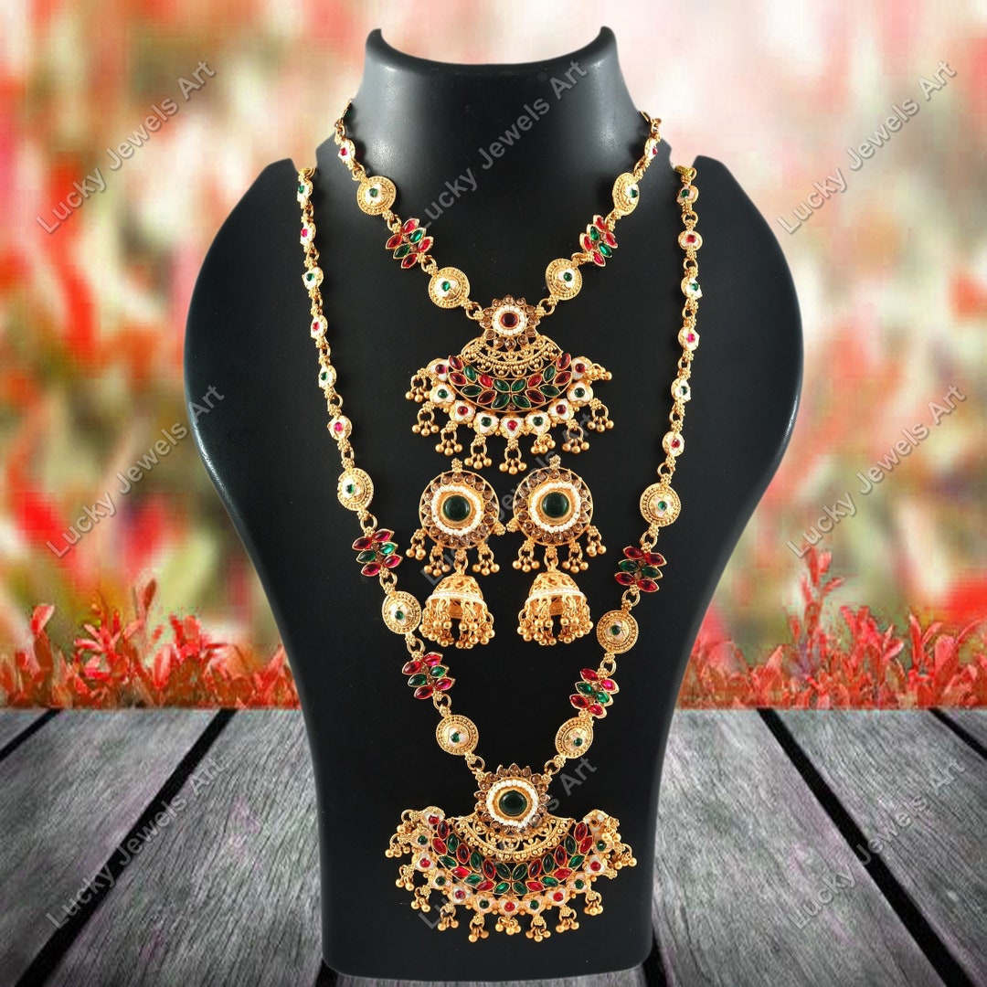 Gold Plated Rajwada Necklace Set W/earrings, Tika, Cuff Choker & Long ...