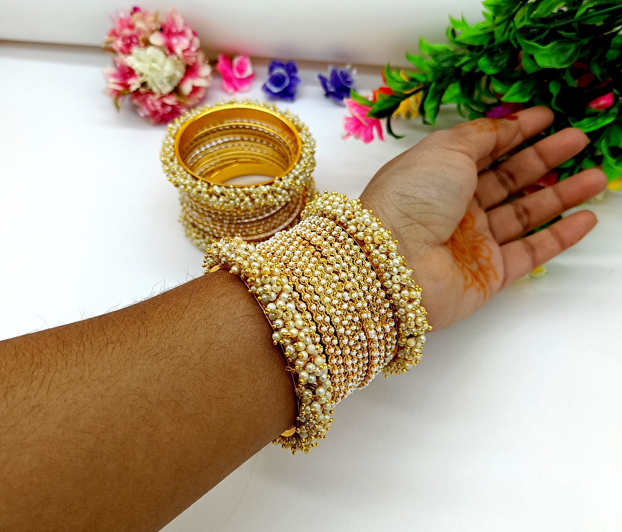 28 Bangles Set Gold Plated Pearl Cluster Chura Jewelry Set - Etsy