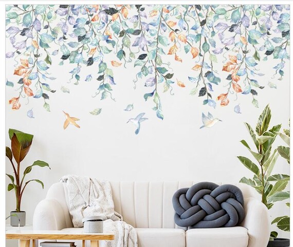 Hanging Fresh Leaves and Flowers Wall Sticker Birds Wall Decor | Etsy