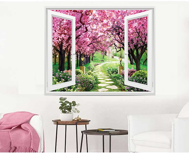 3D Window Wall Sticker, Pink Dream Garden Wall Decal, Home Decoration ...