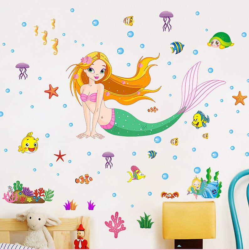 Cartoon Mermaid Wall Stickers Children's Room Kindergarten Wall Decal ...