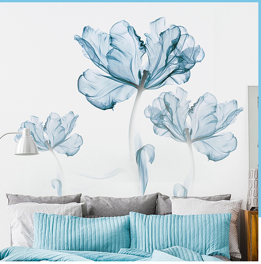Fresh Ice Blue Flowers Wall Sticker Creative Lotus Wall Decals ...