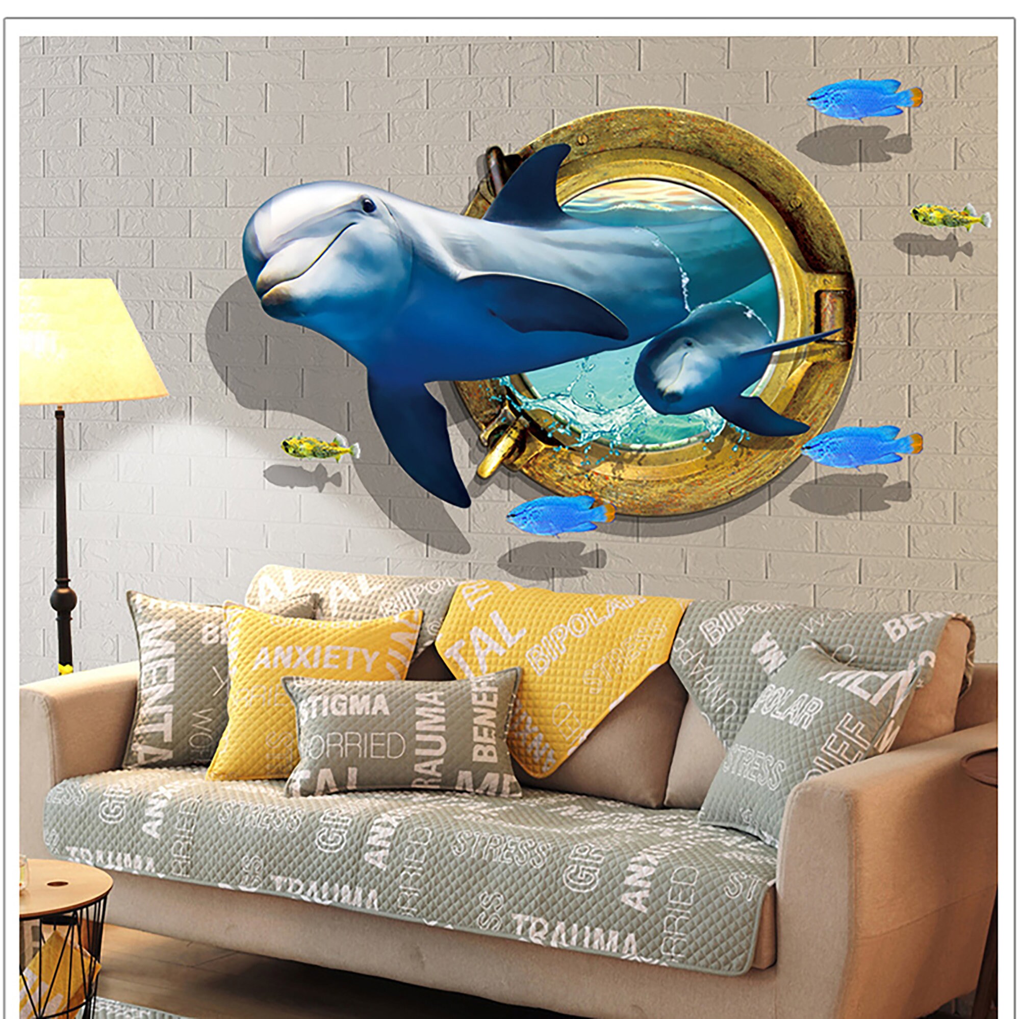 Dolphin 3D Wall Stickers Living Room Sofa Background Wall Stickers ...