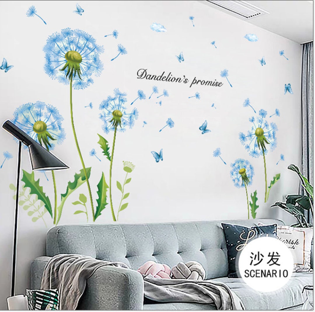 Blue Dandelions Wall Sticker Wall Decal, Several Dandelion With Falling ...