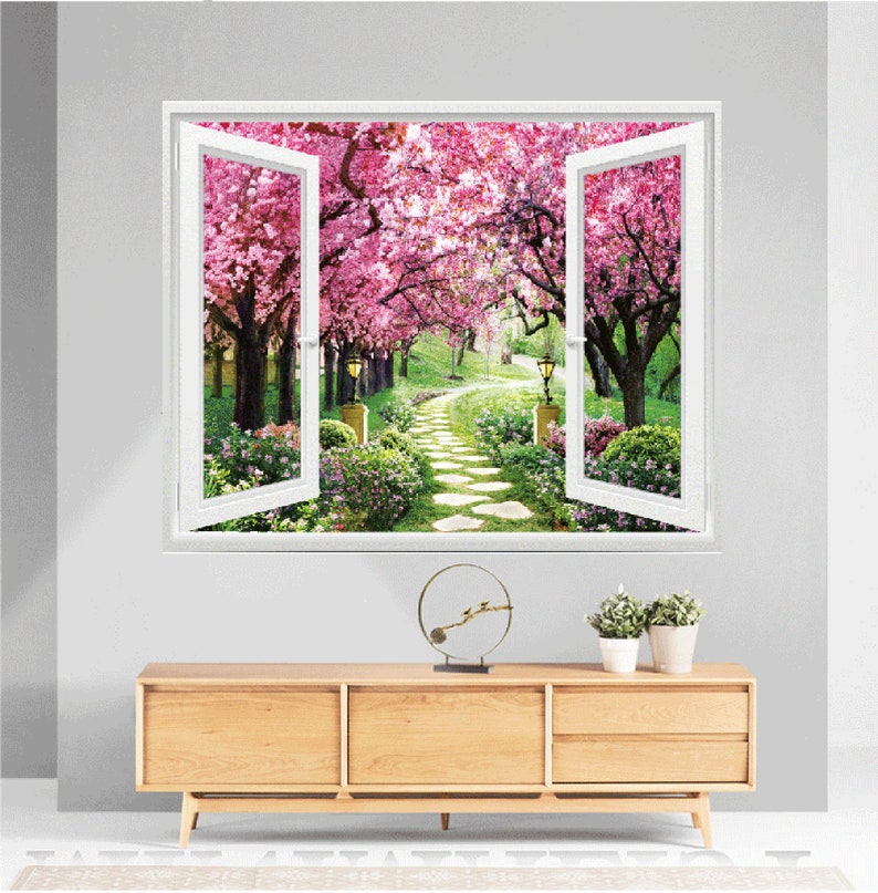 3D Window Wall Sticker, Pink Dream Garden Wall Decal, Home Decoration ...