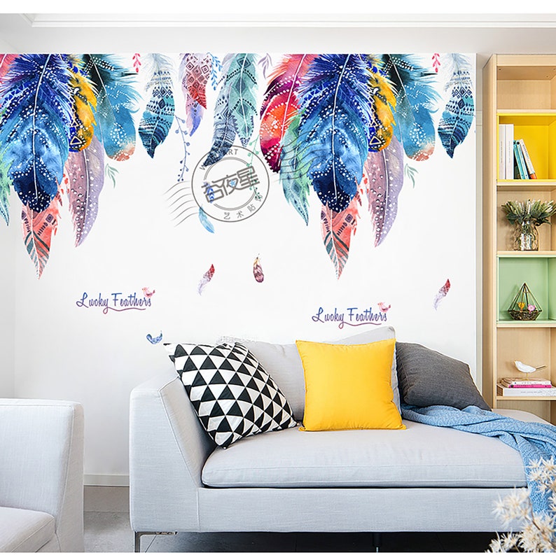 Feather Creative Wall Sticker Painting Bedroom Wallpaper Living Room ...