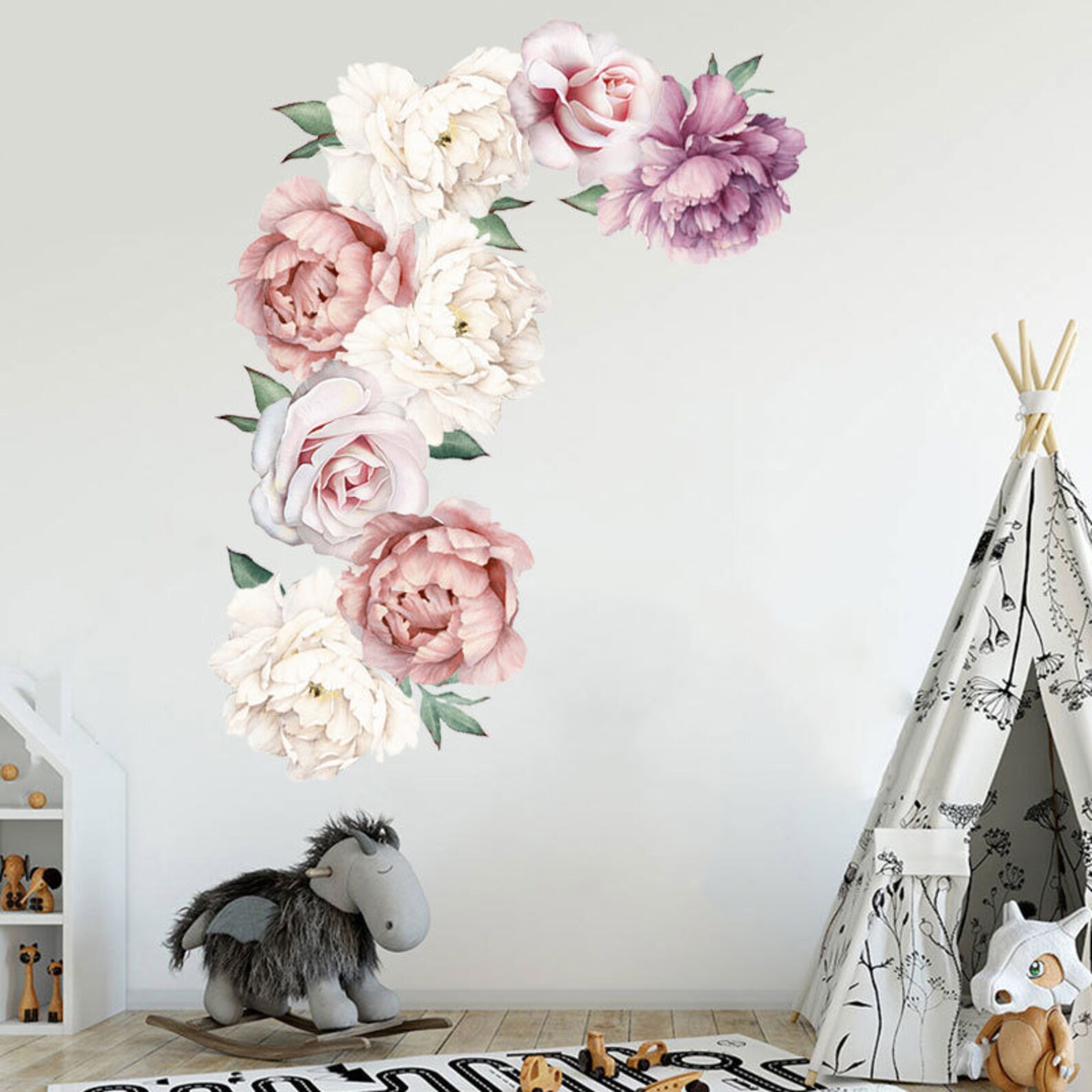 Large Peony Wall Sticker Girl's Room Pink and White Flowers Nursery ...