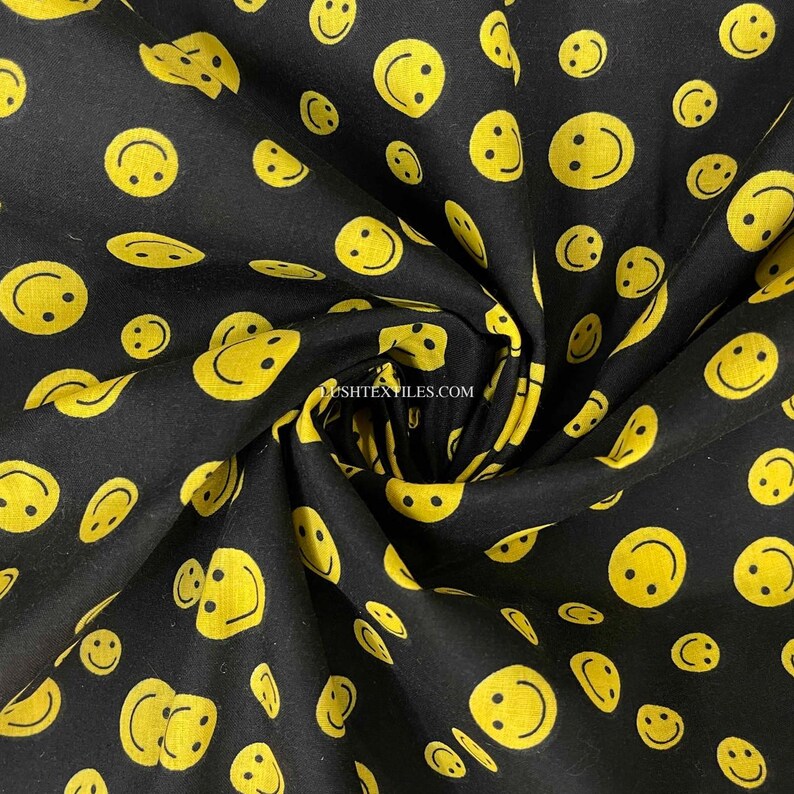 Yellow Smiley Emojis Polycotton Fabric, Black - Etsy