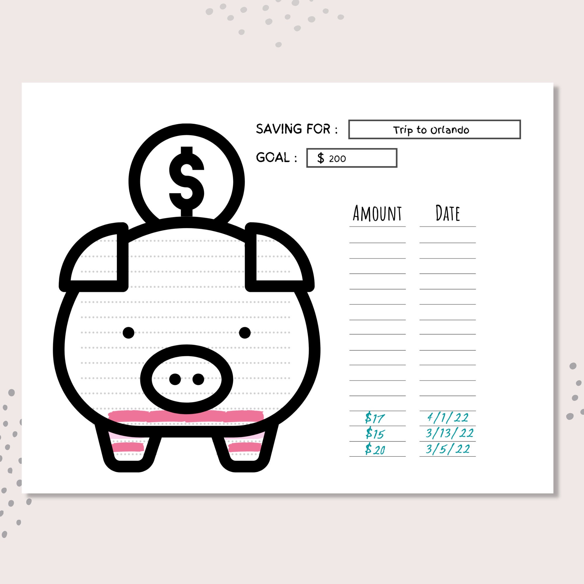 Piggy Bank Savings Tracker, Kids Savings Challenge Printable, Kids ...