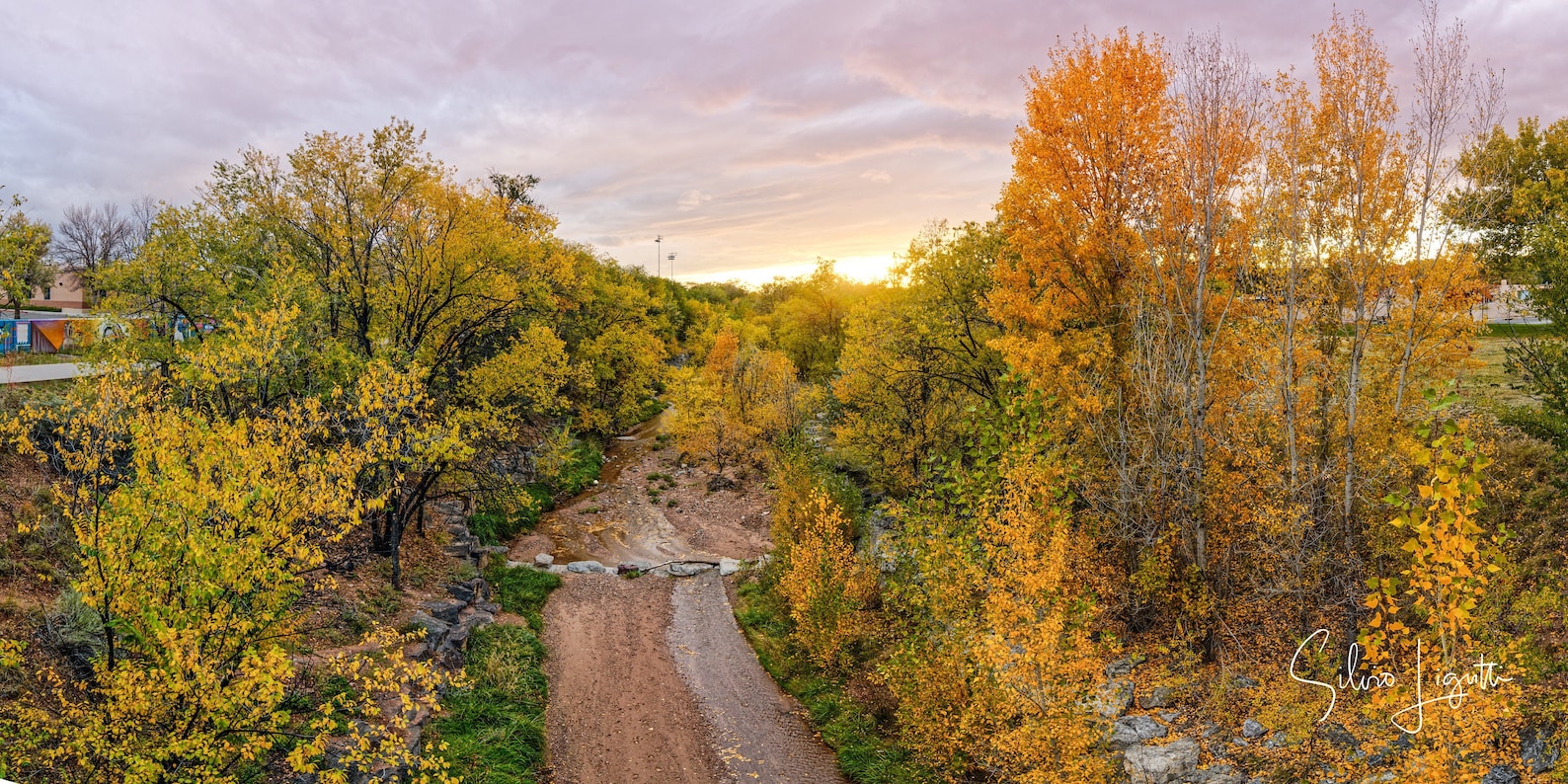 Panoramic View of Santa Fe River Trail and Fall Foliage at Sunset New ...
