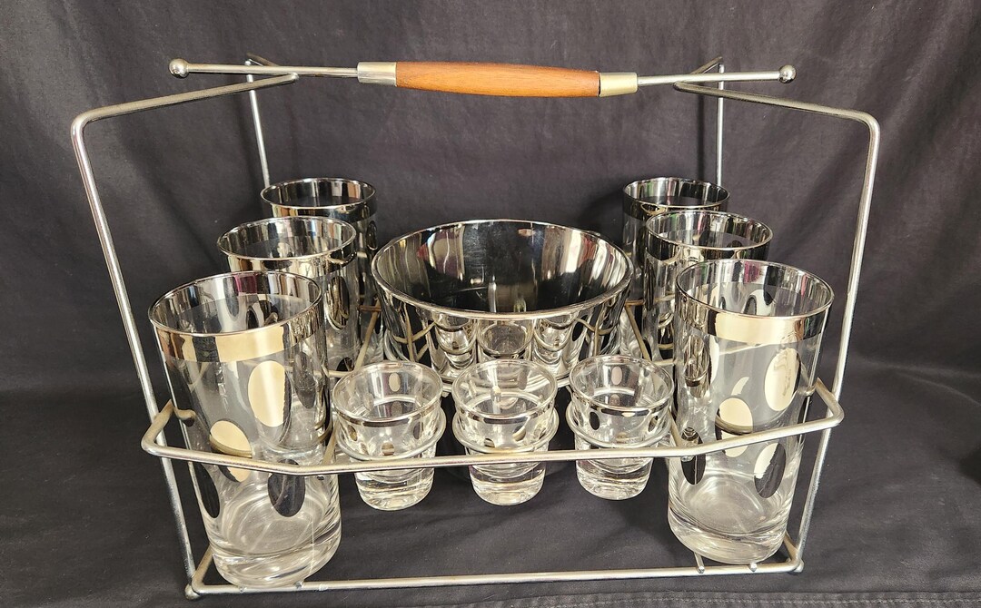 VINTAGE/MCM Vitreon Queens Lusterware Oval Polka Dot 13-piece Bar Set W ...