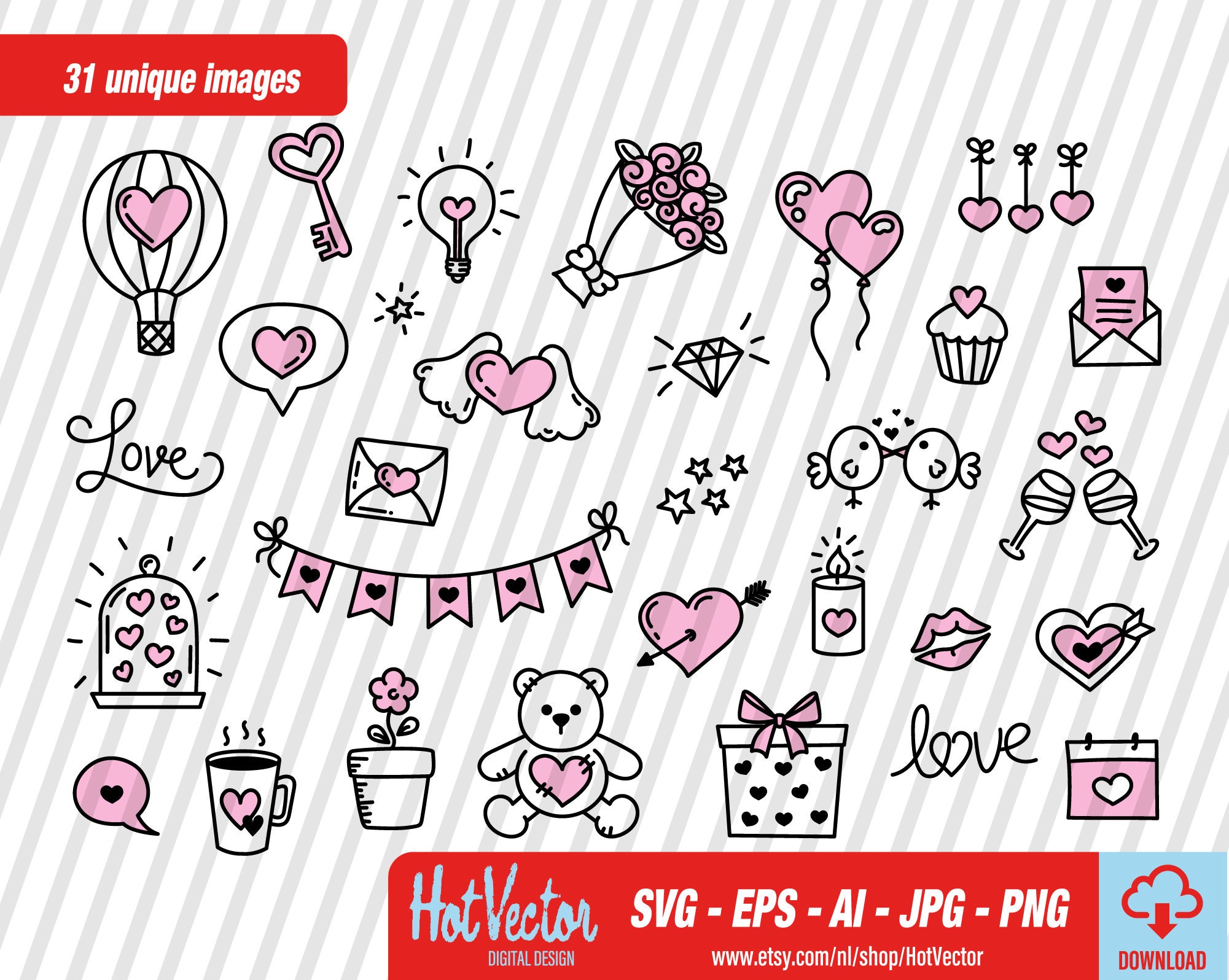 Love Doodle Valentine Digital Clipart Bundle Graphic for | Etsy