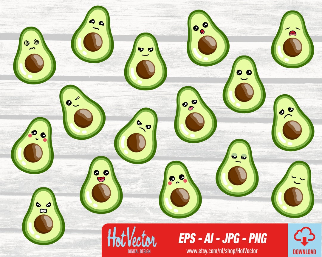 Funny Avocado Kawaii Emoticons Digital Clipart, Emoji Graphic for ...