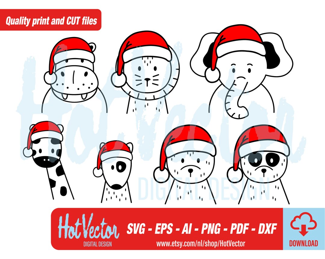Christmas Animals Santa Hat Clipart: Cut Print Vector Files (digital ...