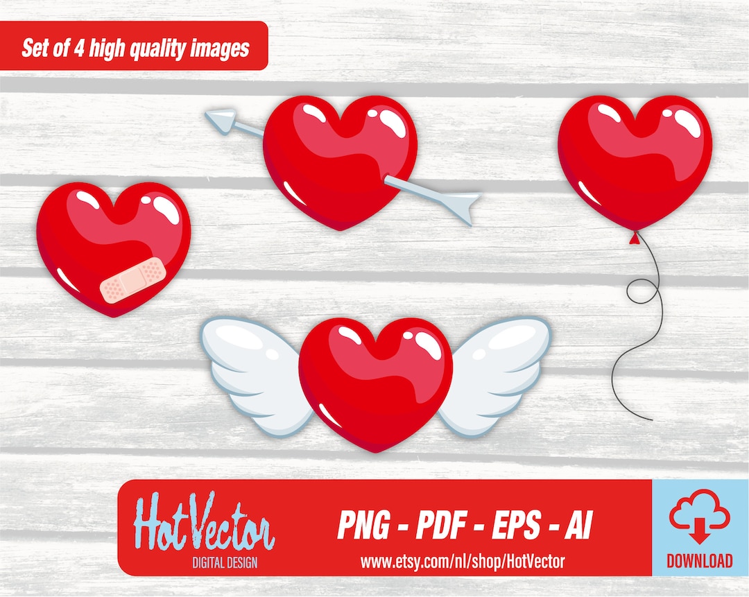Glossy Red Hearts Digital Clipart, Valentine Png, Pdf, Ai, Eps ...