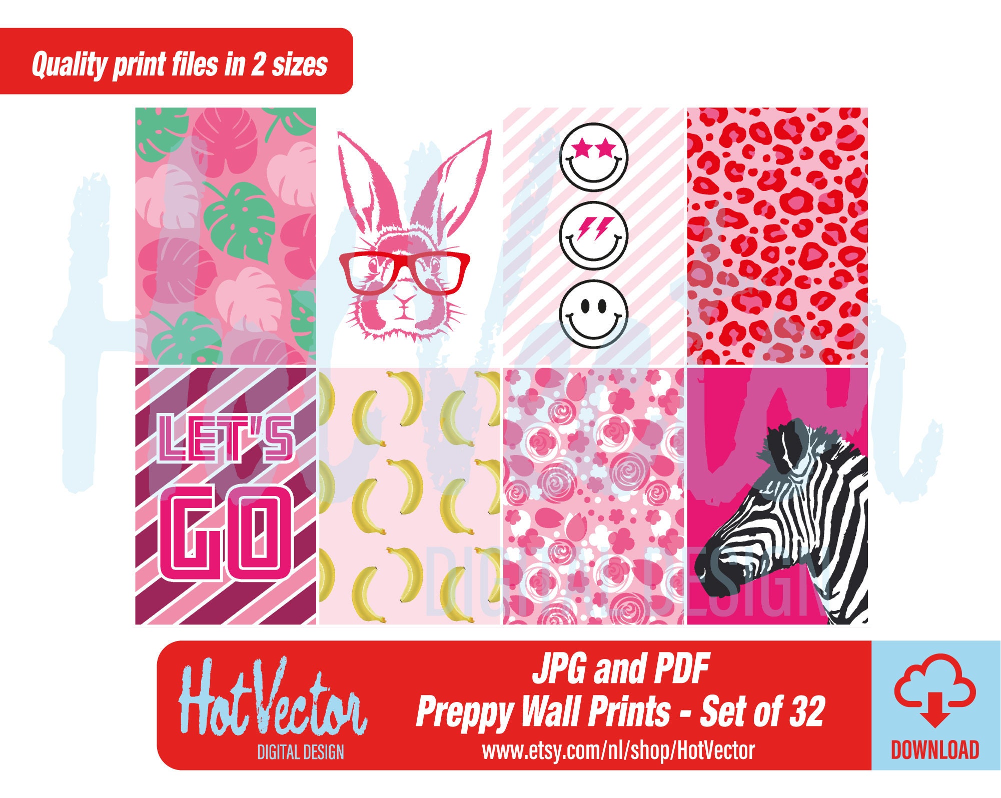 Pink Preppy Wall Prints Quality Print Files Pdf Jpg A4 and - Etsy