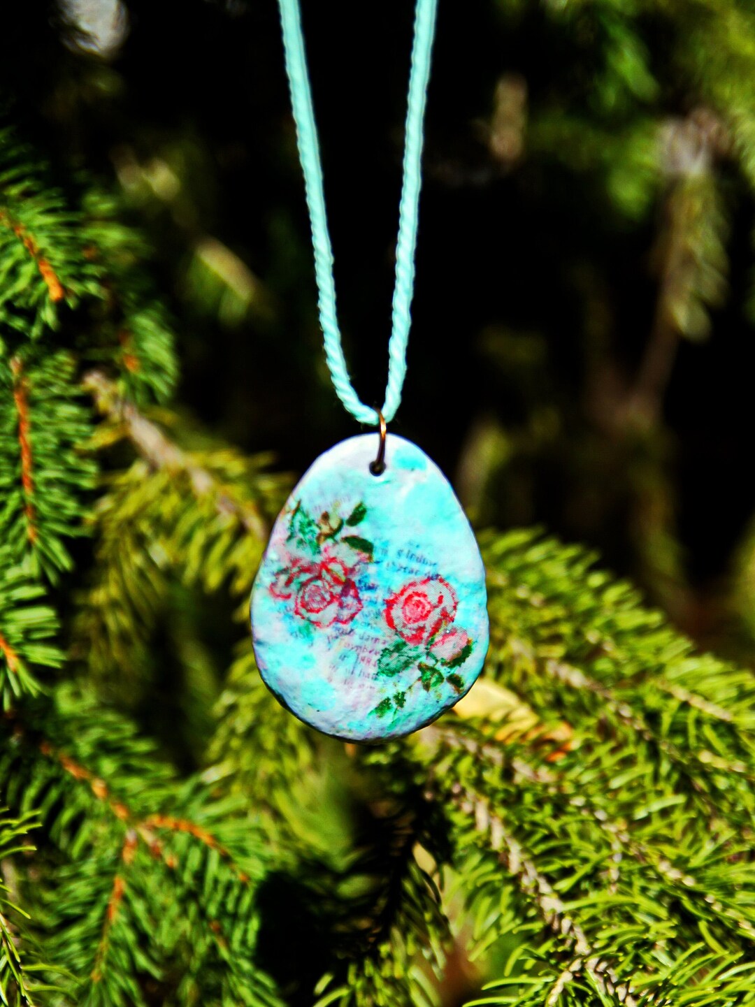 Decoupaged Pendant Necklace With 2 Roses, Delicate Floral Cerulean ...
