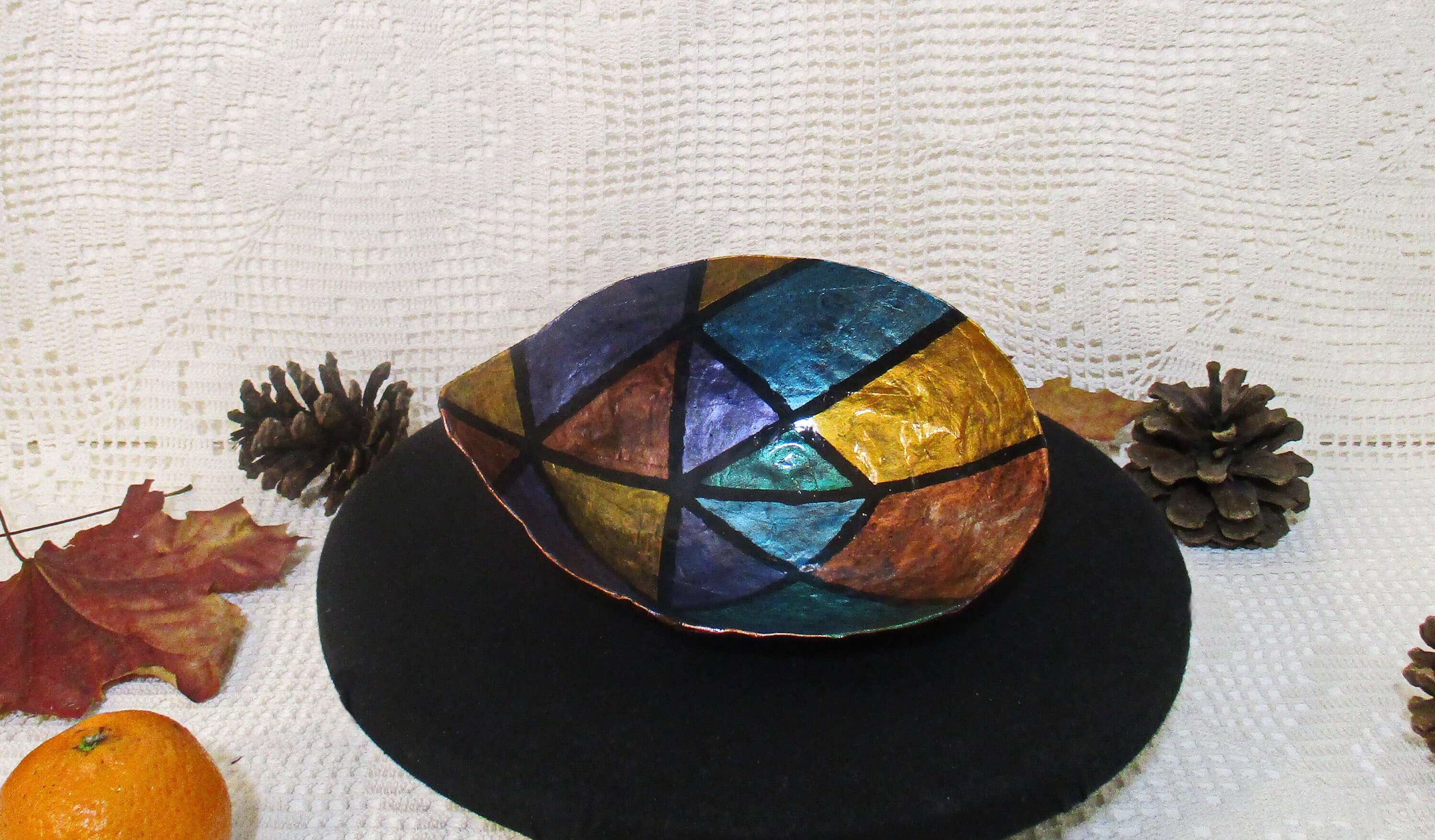 Fantasy Paper Mache Bowl, Gourd Shape Sculpture Gold Copper Bluish ...