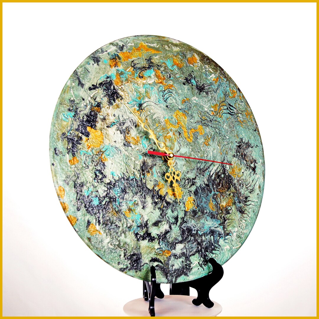 Paint Pour Marbleized Round Wall Clock, Modern Mantel Functional Art ...
