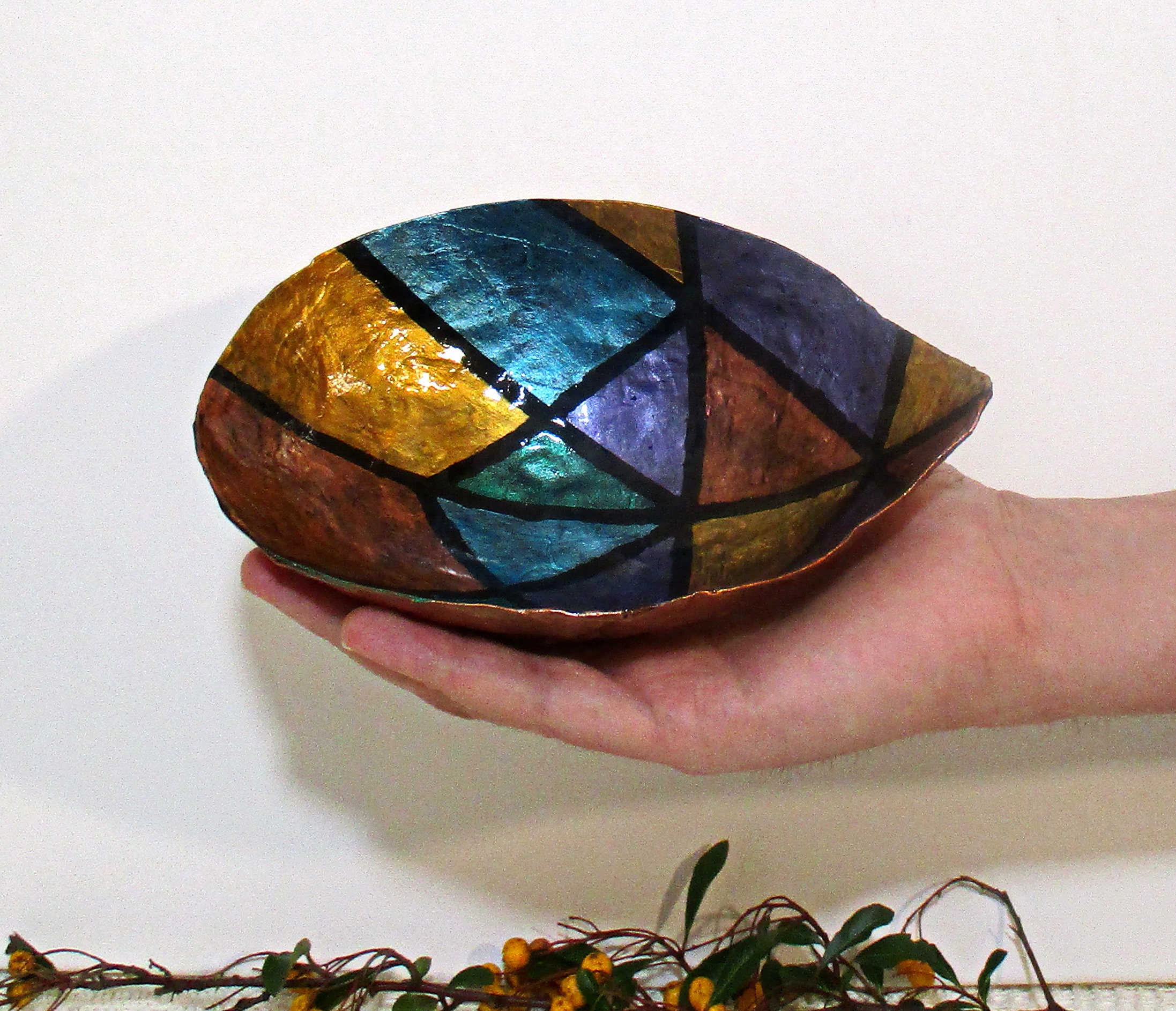 Fantasy Paper Mache Bowl, Gourd Shape Sculpture Gold Copper Bluish ...
