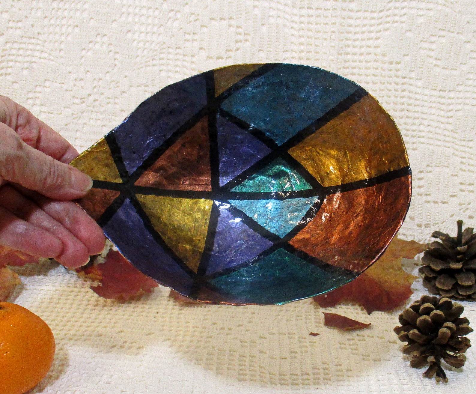 Fantasy Paper Mache Bowl, Gourd Shape Sculpture Gold Copper Bluish ...