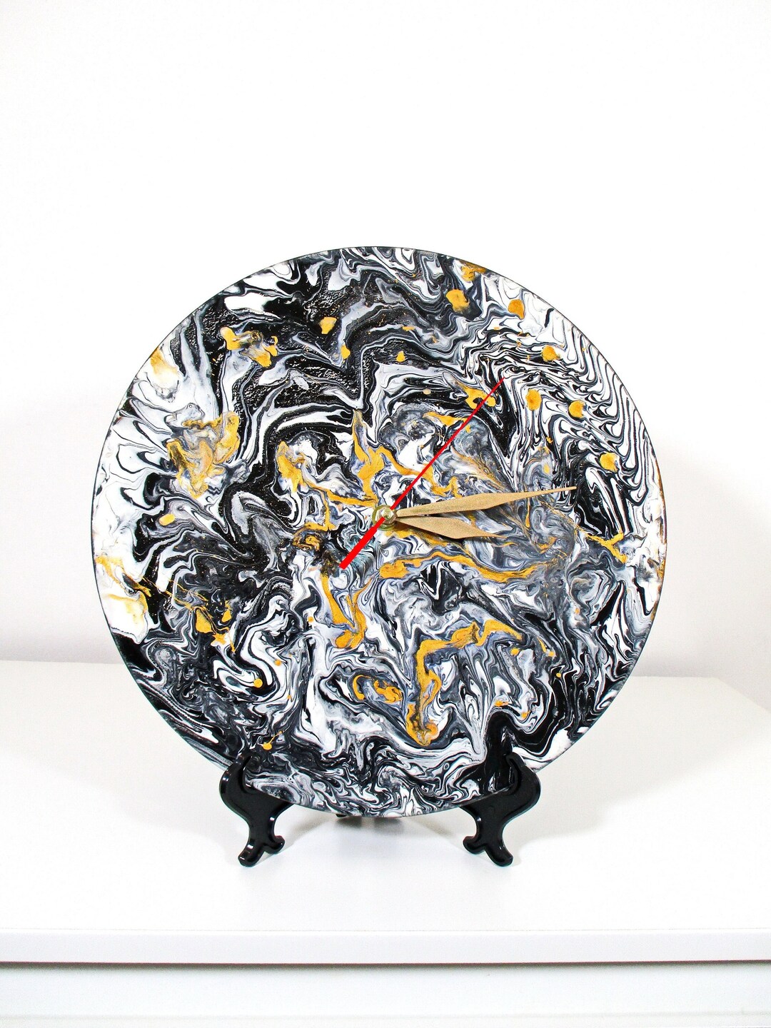 Acrylic Pour Wall Clock With Fun Gold White Black Whimsical Swirls ...