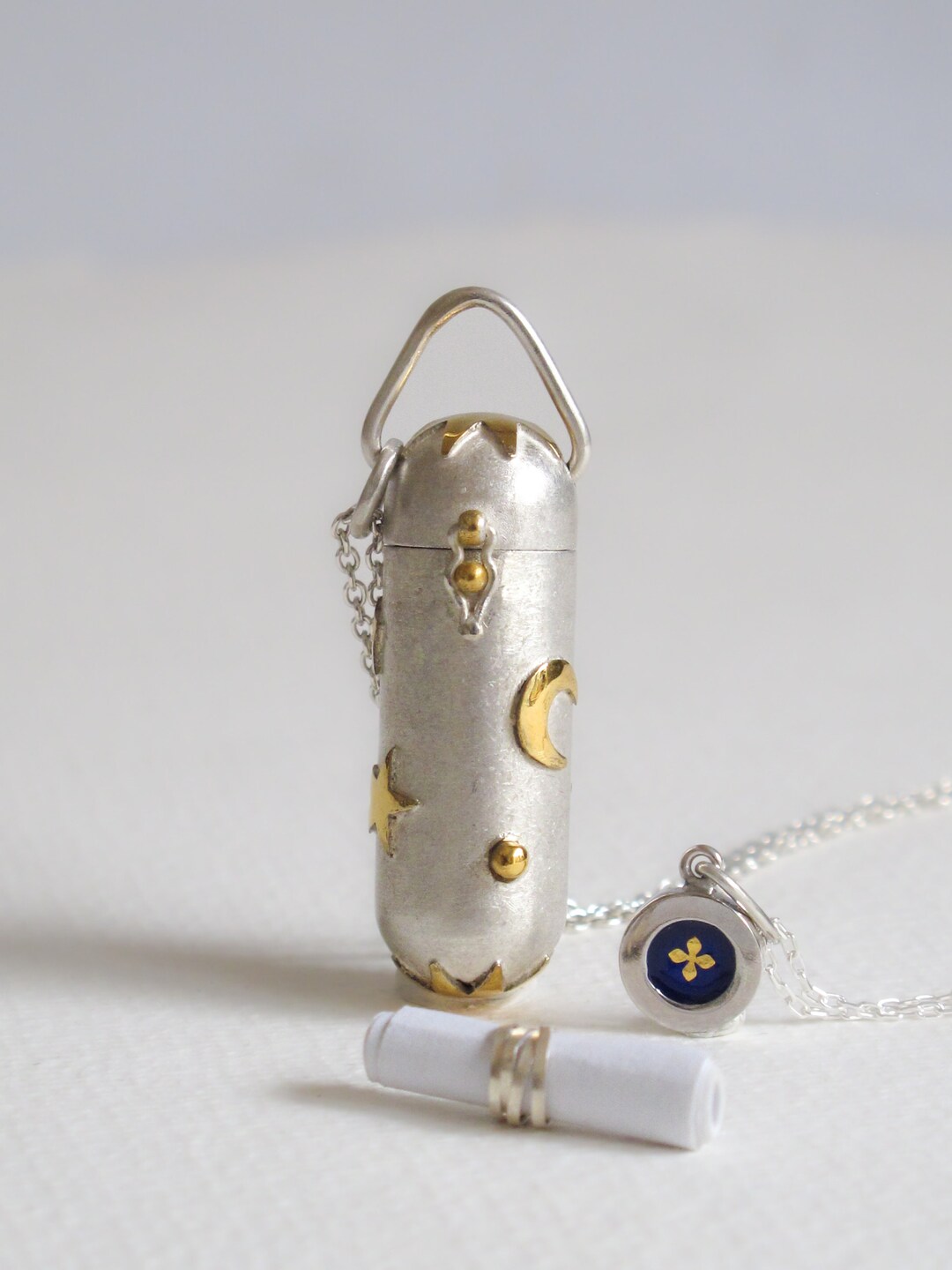 Crescent Moon and Stars Locket With Blue Enamel Necklace, Silver ...