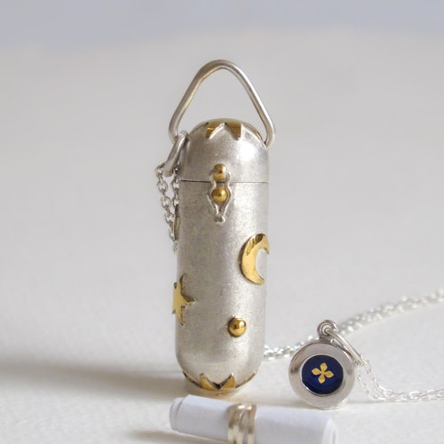 Crescent Moon and Stars Locket With Blue Enamel Necklace - Etsy