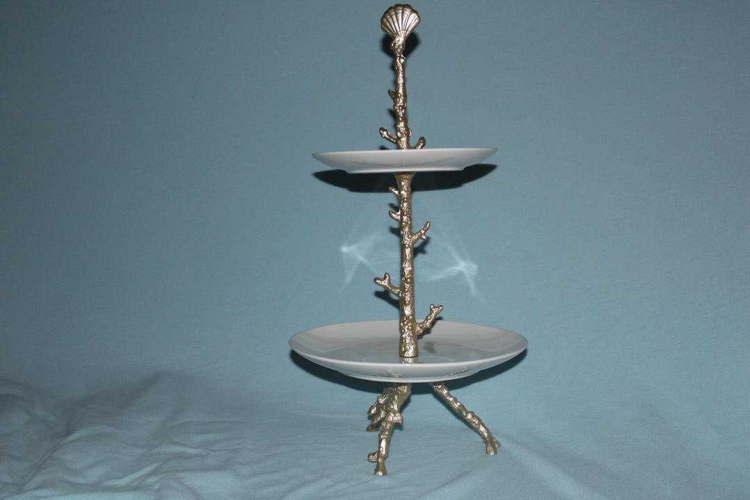 Vintage Two Tier Serving Platter: Gold Tone Coral, Shell Topper (22 ...