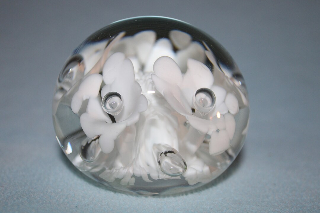 Vintage Joe Rice Art Glass Paperweight Heavy Glass Milky White Floral ...